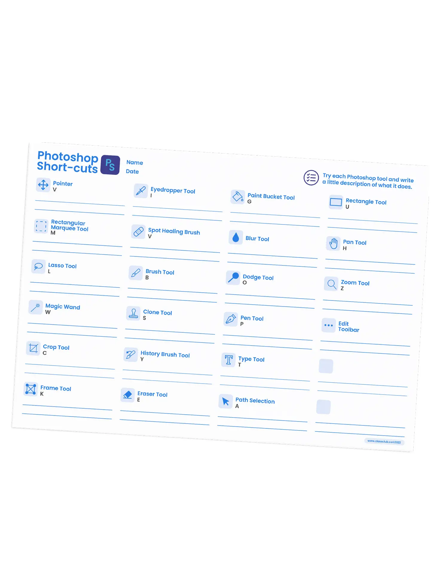 Photoshop Short-cuts worksheet - studyblocks.ai