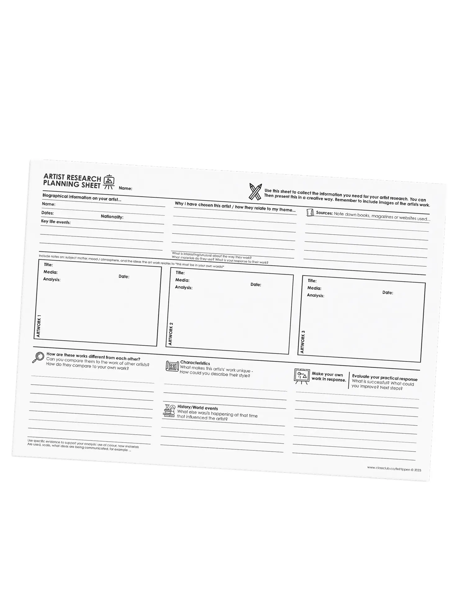 Detailed artist research planning handout / template - studyblocks.ai