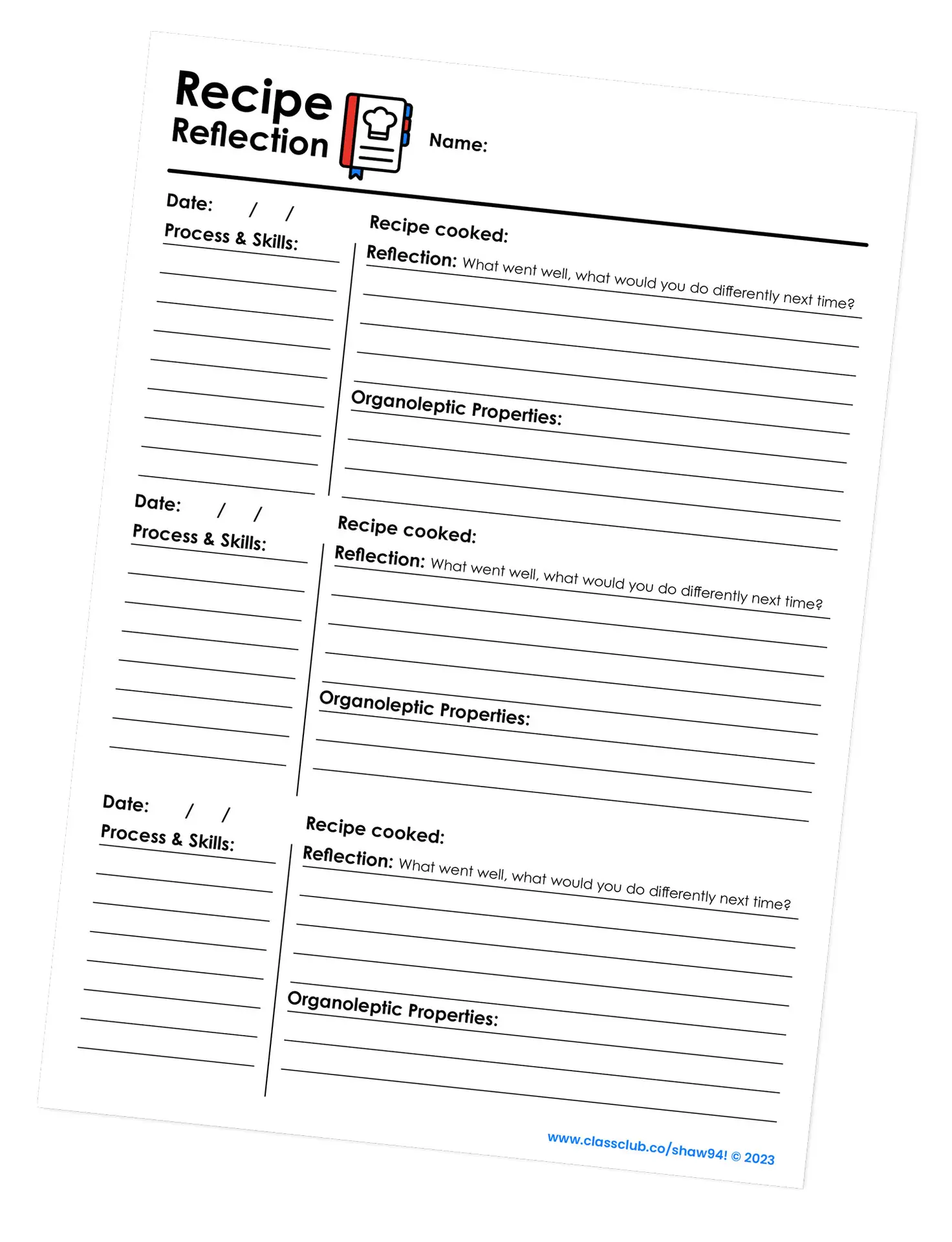 Recipe reflection sheet. - studyblocks.ai
