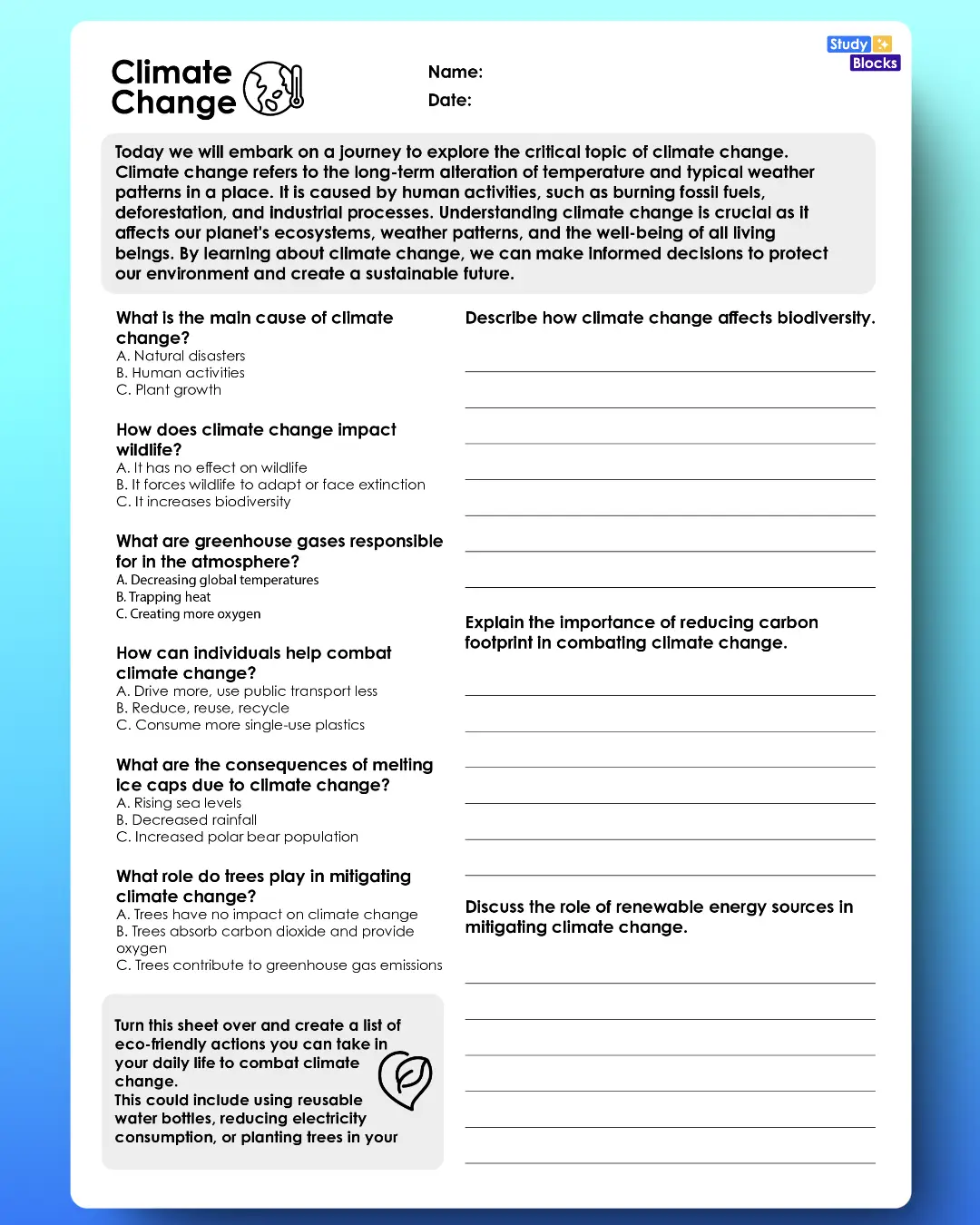 Climate Change Worksheet a4/3 - studyblocks.ai