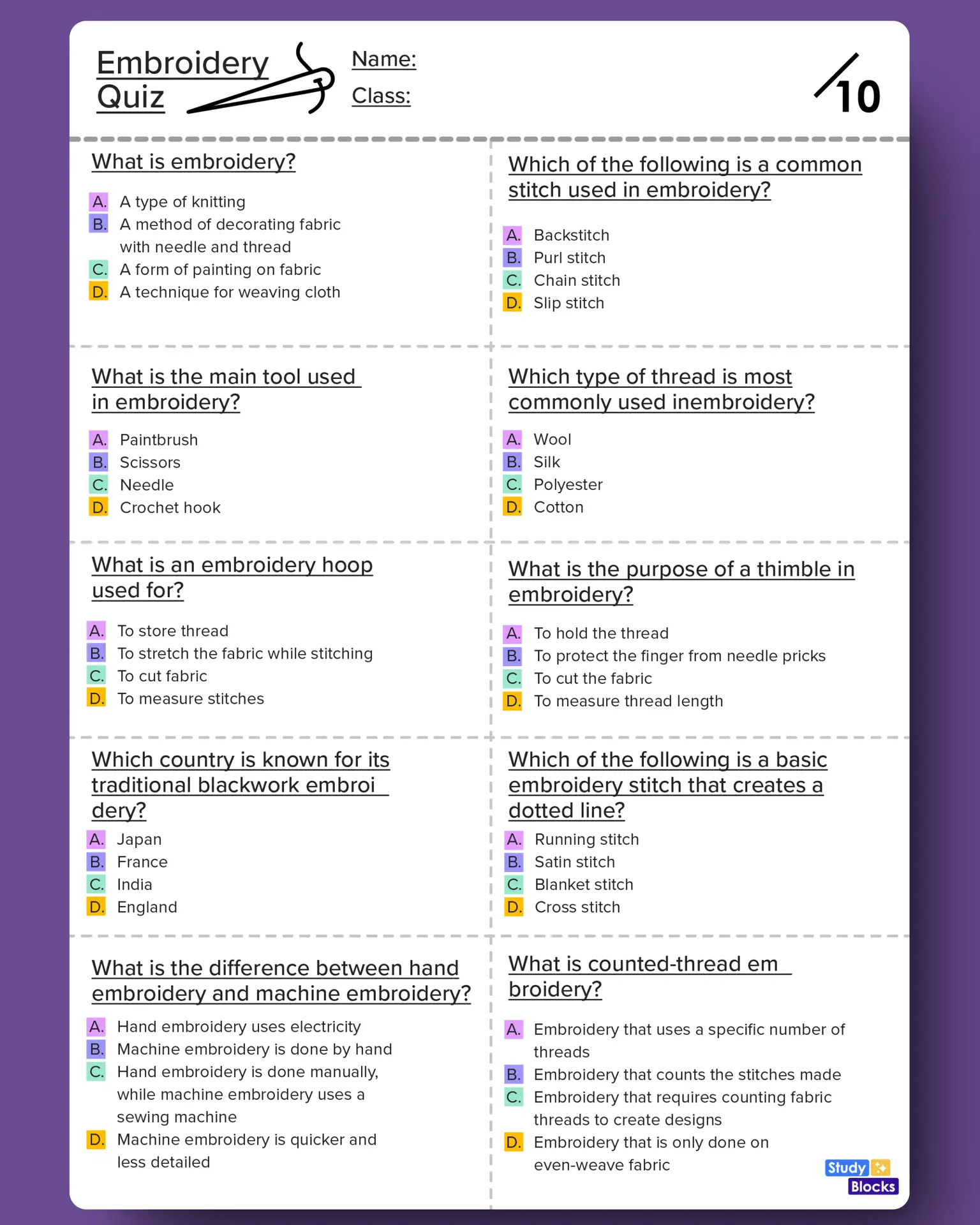 Embroidery Quiz - studyblocks.ai